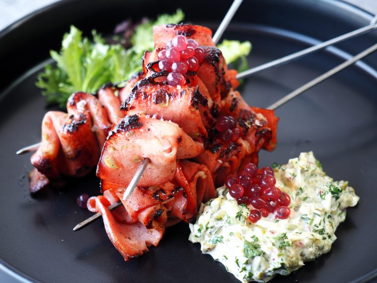 Glazed Salmon Bites with Soy Flavour Pearls - Peninsula Larder